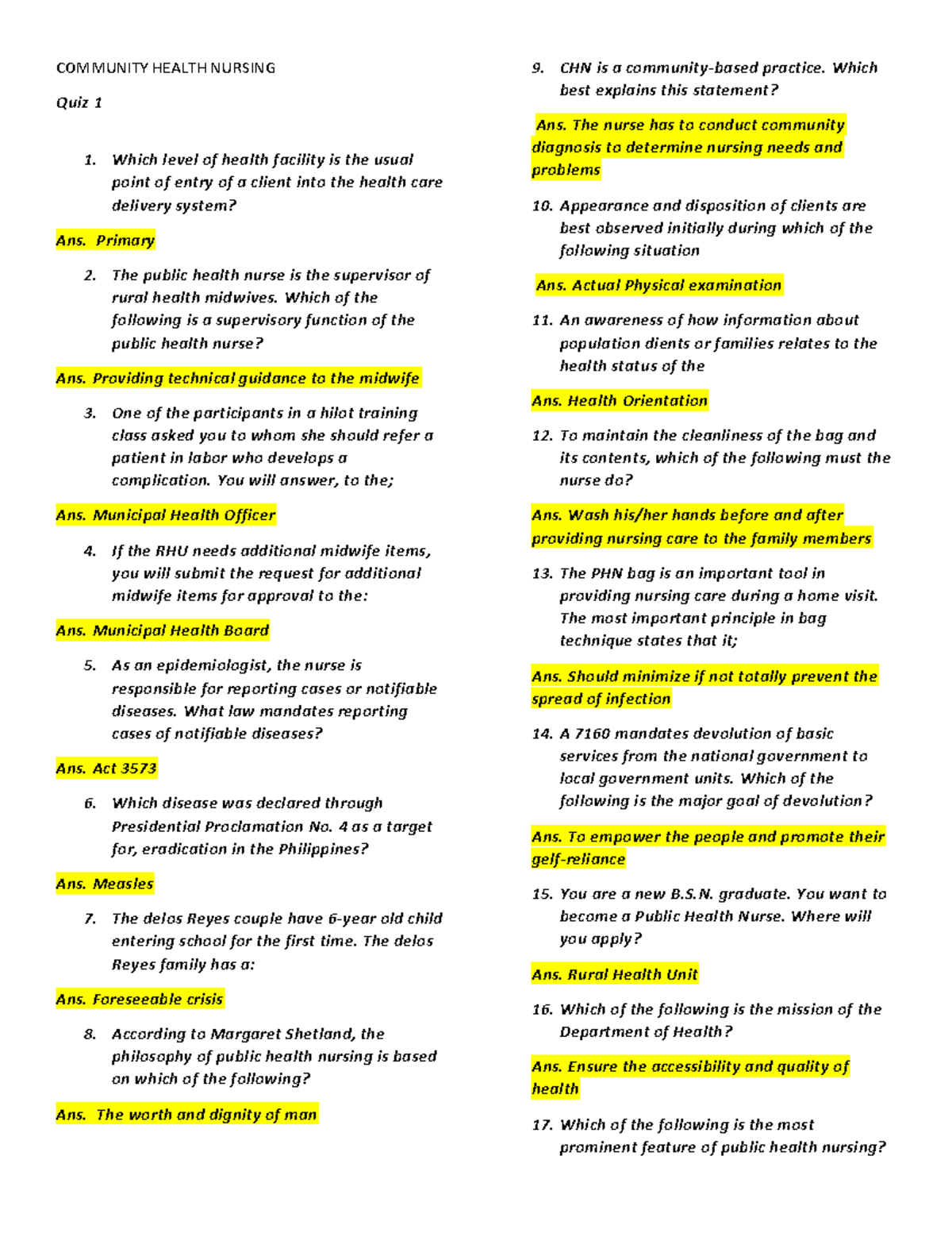 CHN-Quiz Questions and Answers: Community Health Nursing Exam - Studocu