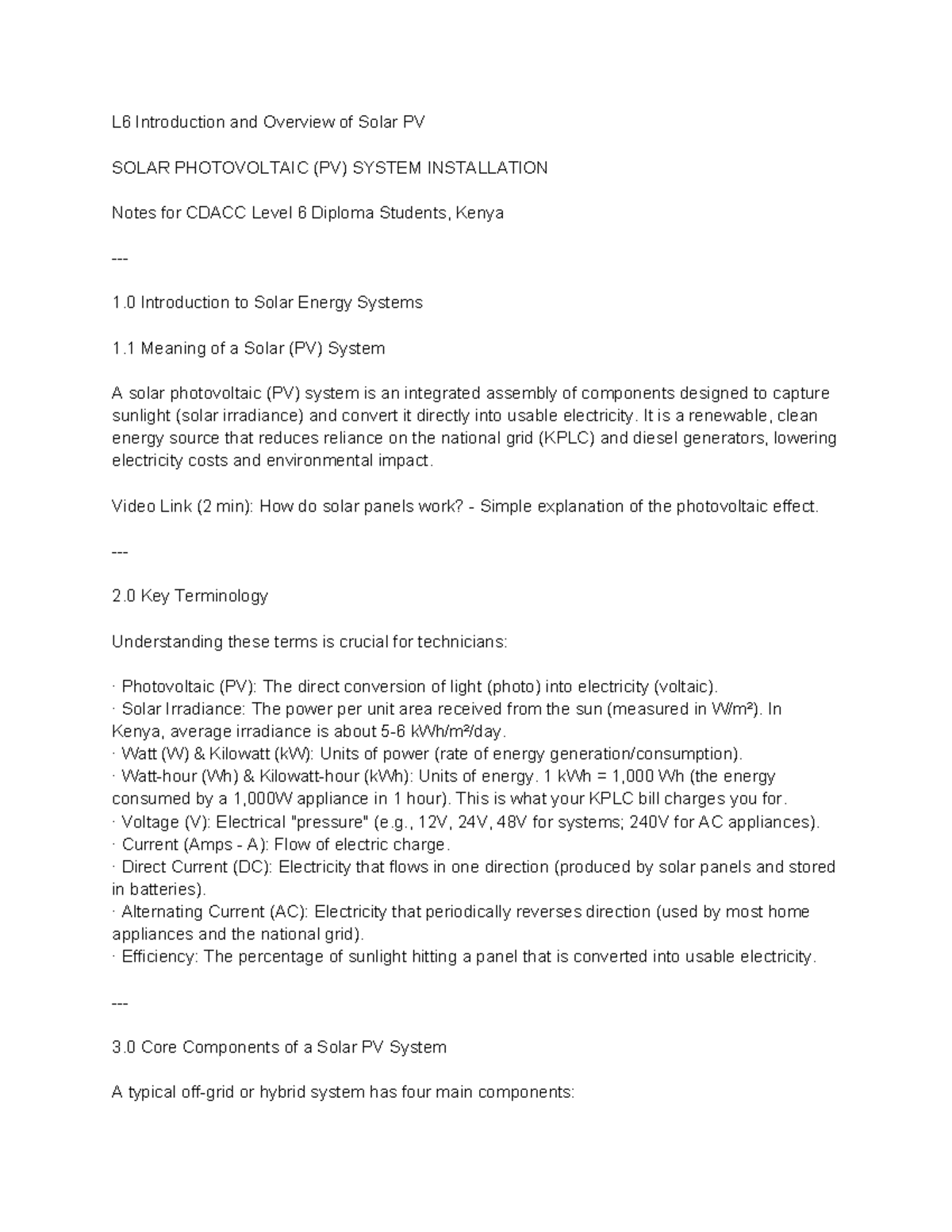 Solar PV System Installation Overview - CDACC Level 6 Notes - Studocu
