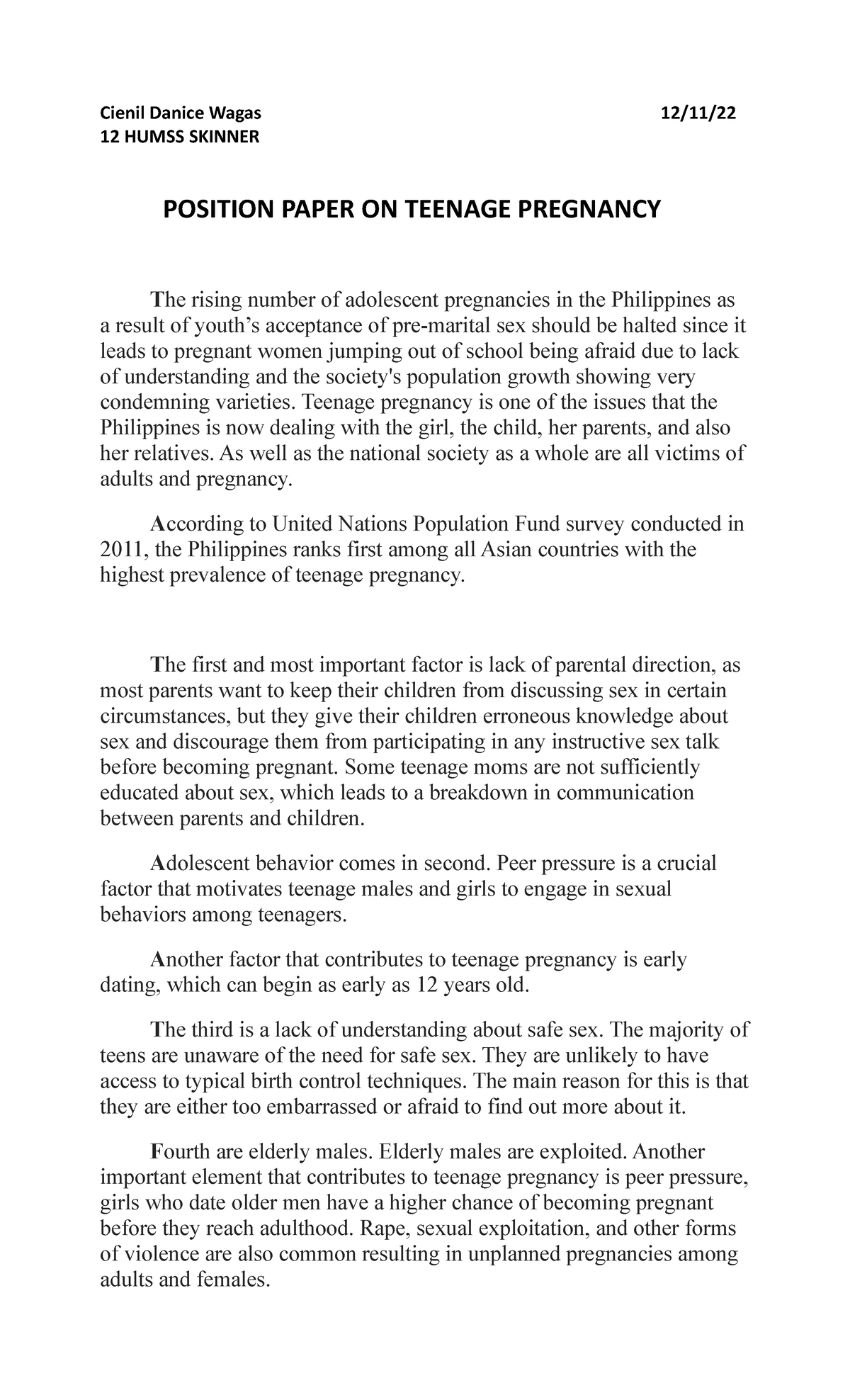 HUMSS - Position Paper on Addressing Teenage Pregnancy Issues - Studocu