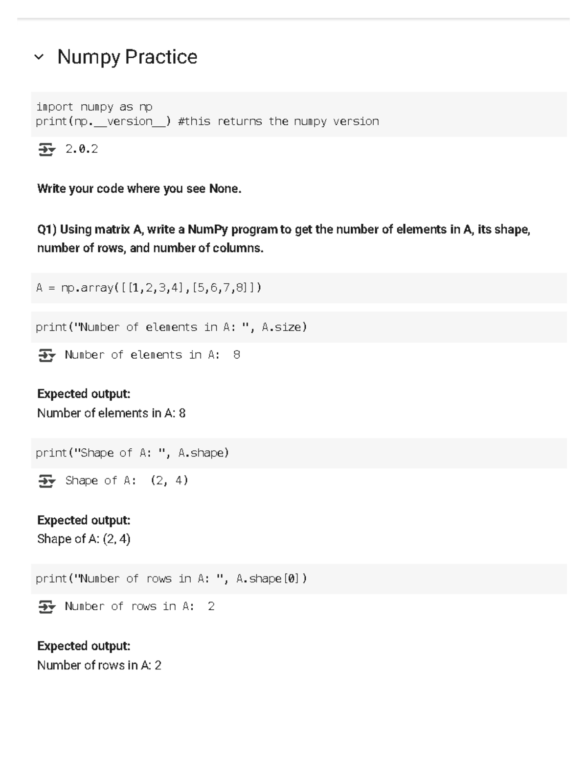 Numpy Practice - Assignment 1: Matrix Operations and Functions - Studocu