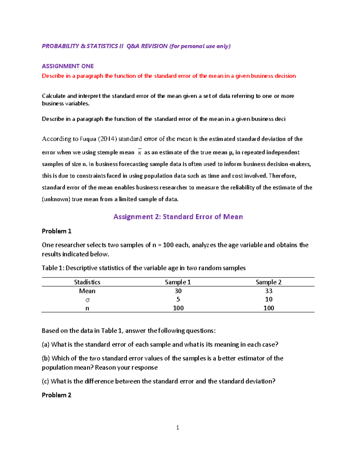 Probability & Statistics II Revision: Standard Error & Hypothesis ...
