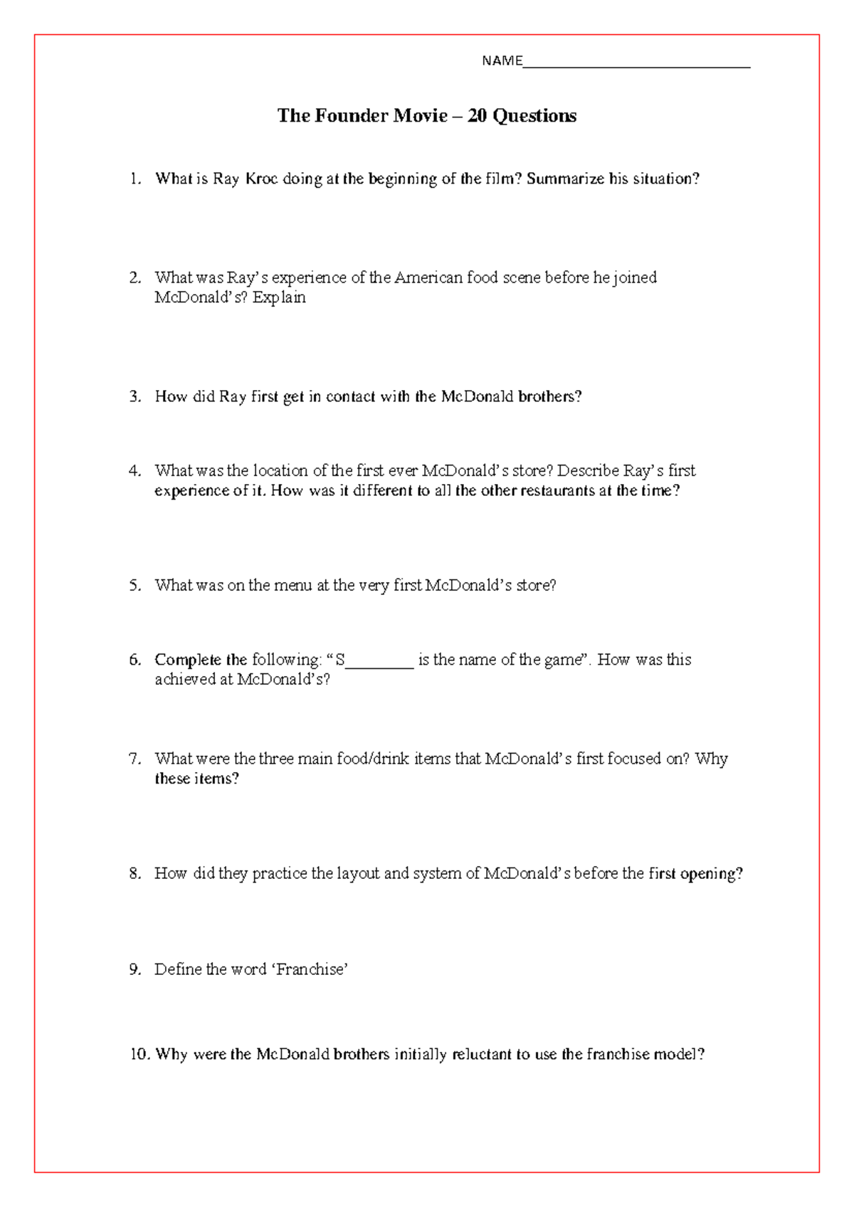 The Founder Questions - The Founder Movie – 20 Questions What is Ray ...