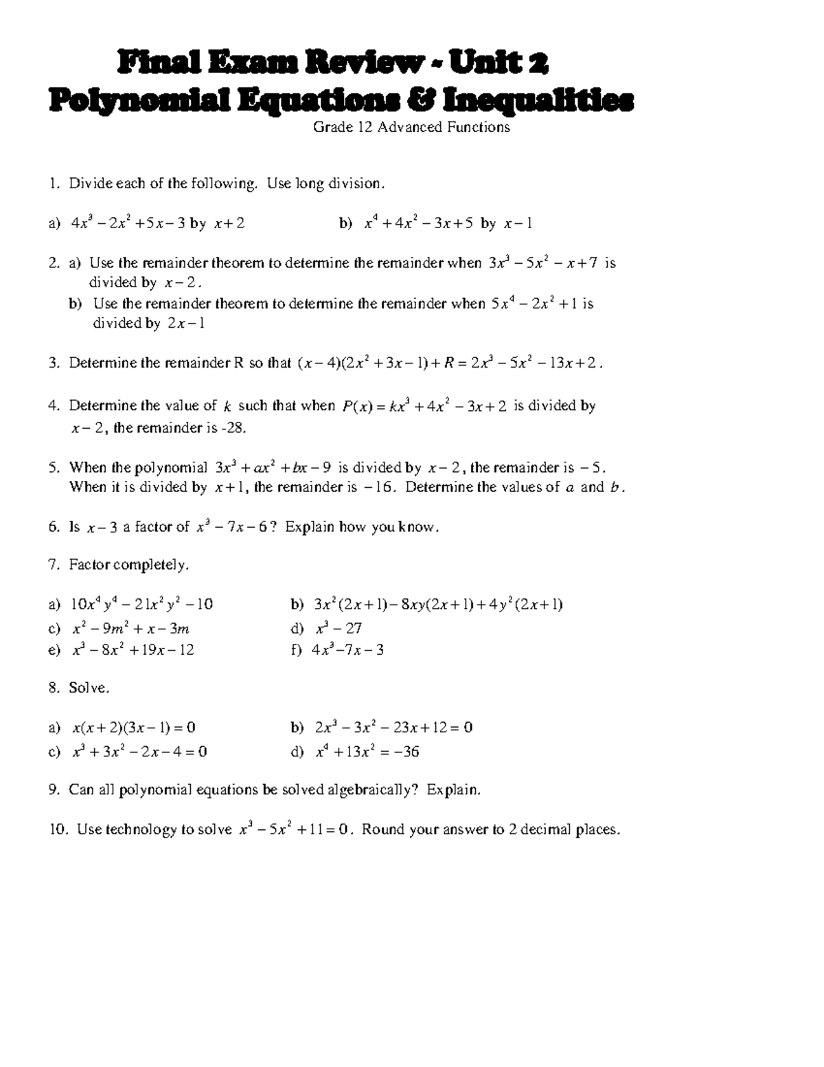 Grade 12 Adv Functions: Review of Polynomial & Rational Equations - Studocu