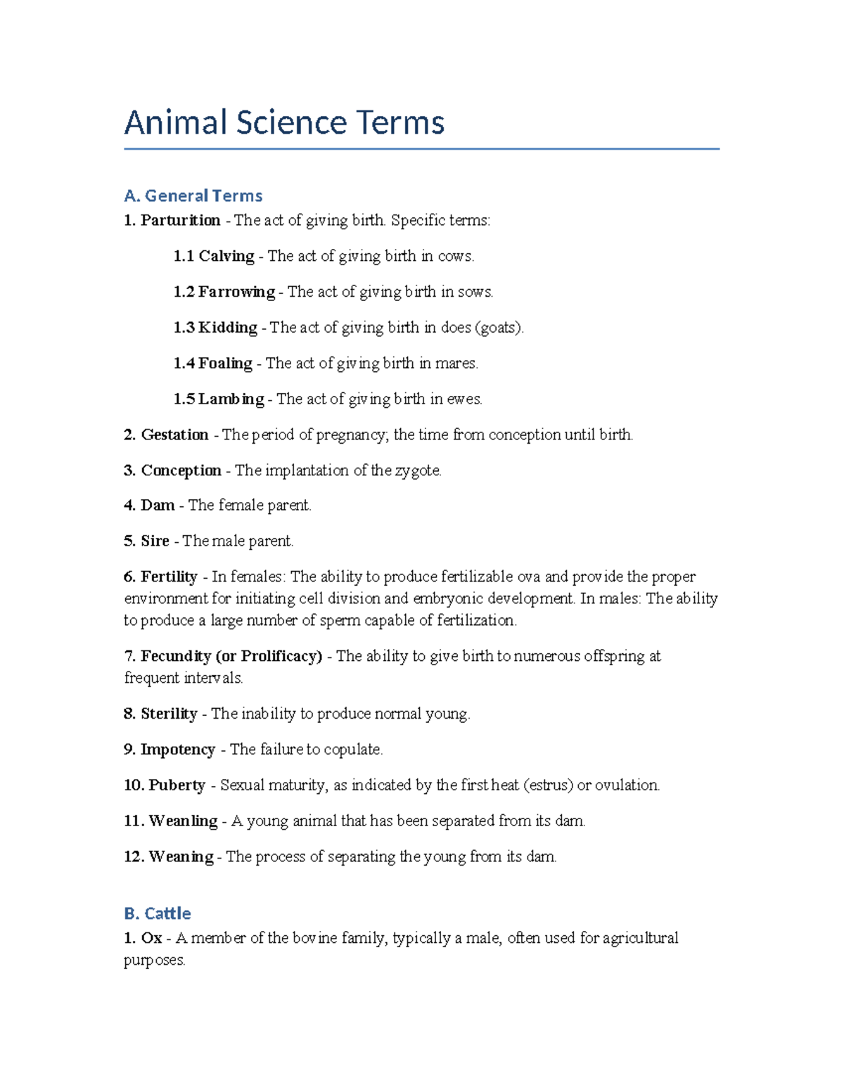 Animal Science Terms and Definitions for Quick Reference - Studocu