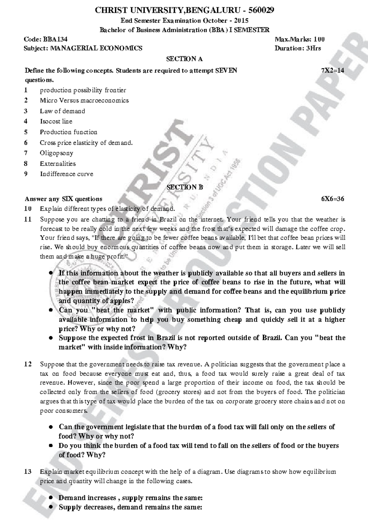 BBA134 - question paper - CHRIST UNIVERSITY,BENGALURU - 560029 End ...