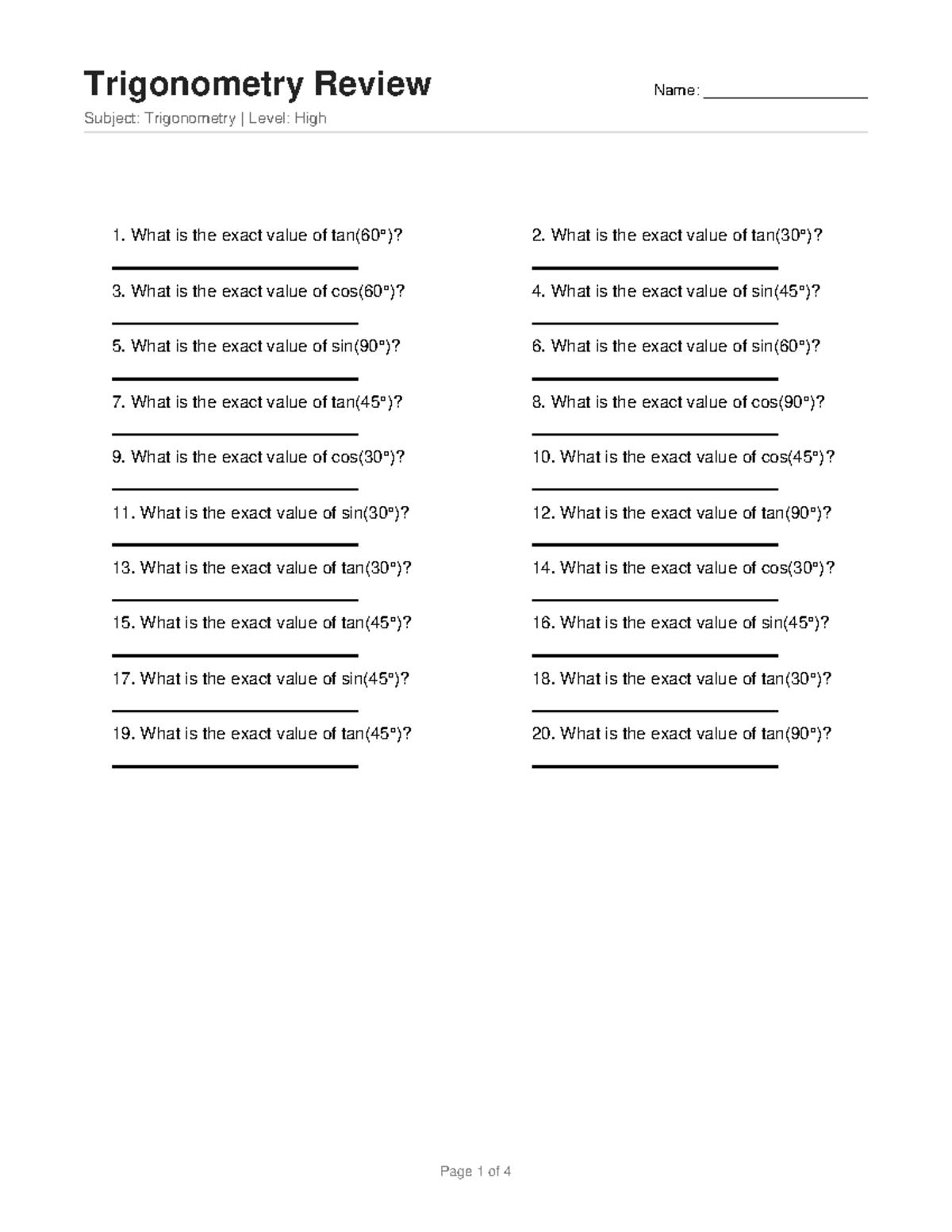 Trigonometry Review (High Level) - Practice Questions & Answers - Studocu