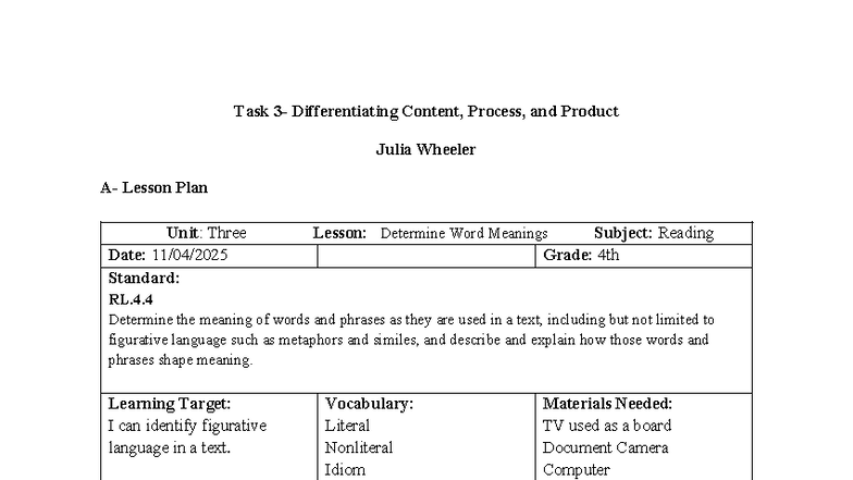 WGU D187 - Lesson Plan: Understanding Figurative Language in 4th Grade ...
