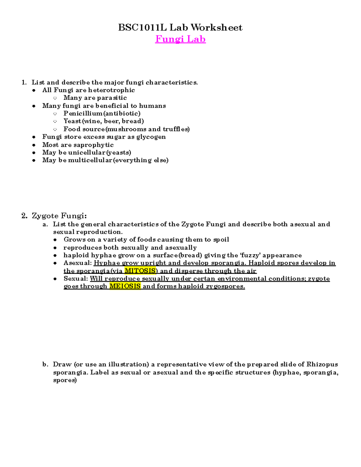 BSC1011L Fungi Lab Worksheet - Characteristics & Reproduction Notes ...