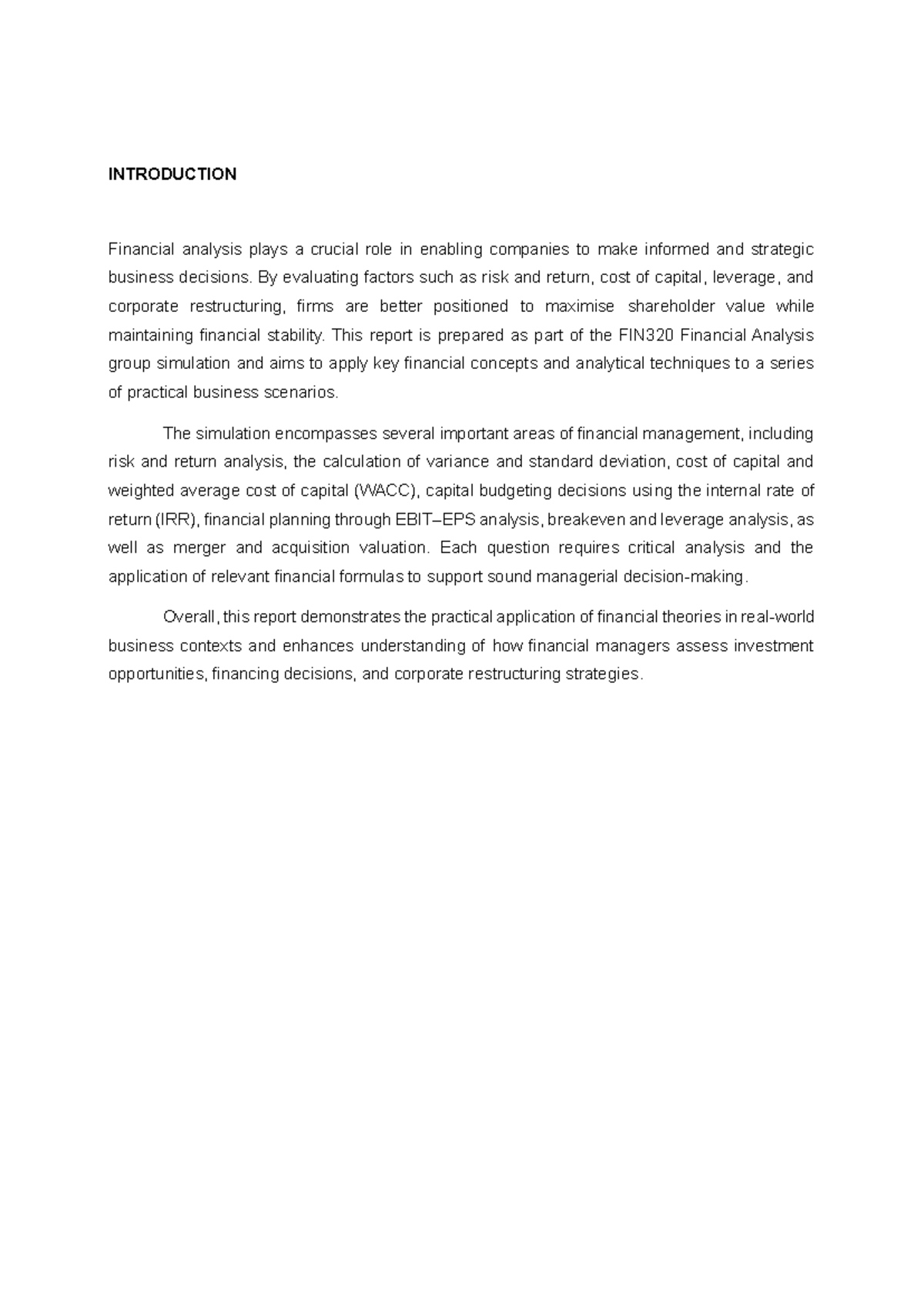 FIN320 - Financial Analysis Group Simulation Report - Studocu