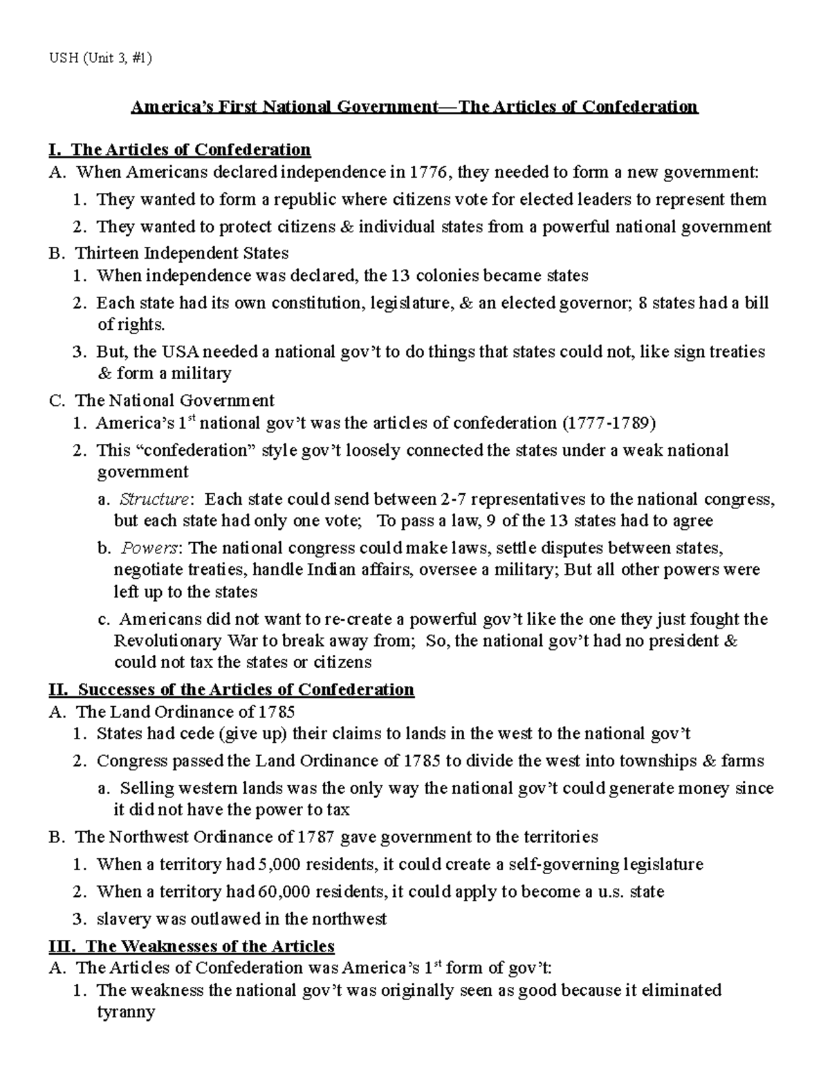 USH Unit 3: Understanding the Articles of Confederation - Studocu