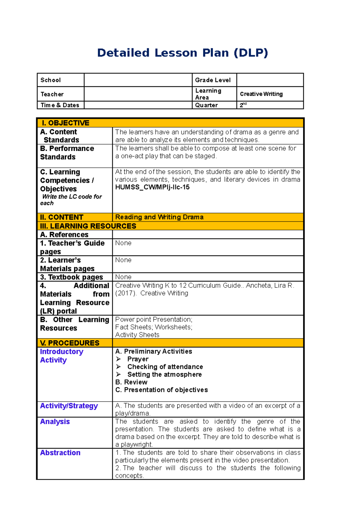 Creative Writing Lesson Plan (DLP) for 2nd Grade - Studocu