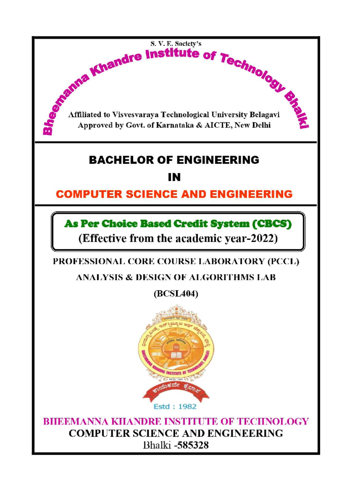 Analysis of Algorithms Lab Manual (BCSL404) - S.V.E. Institute - Studocu