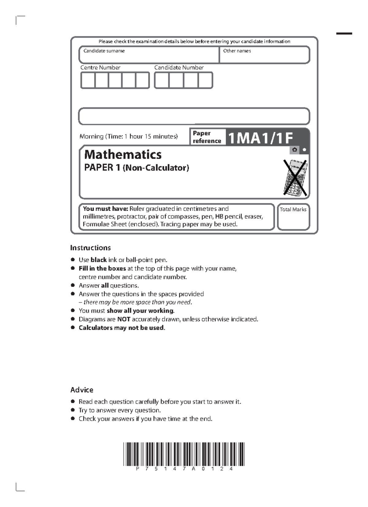 Mathematics Paper 1 Exam Details (1MA1-1F) - Candidate Instructions ...