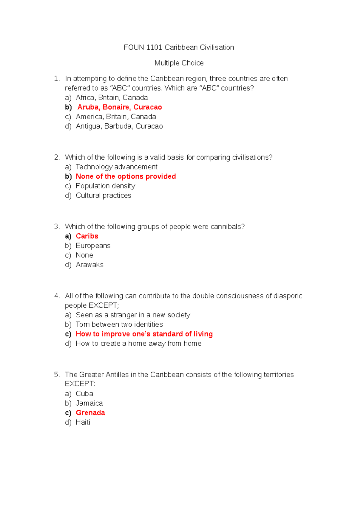 FOUN 1101 Caribbean Civilisation: MCQ Study Guide for Exams - Studocu