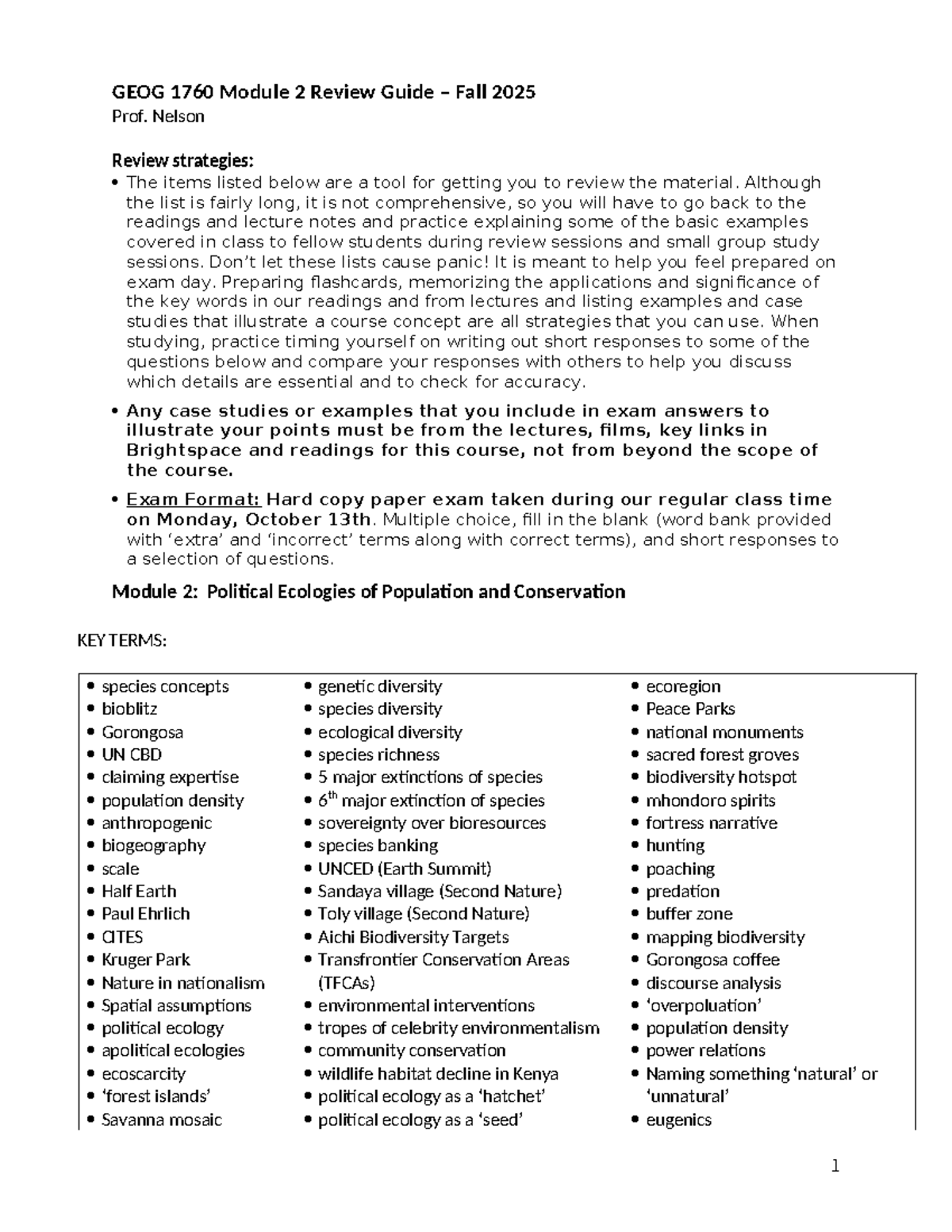 GEOG 1760 Module 2 Review Guide - Political Ecology & Biodiversity ...