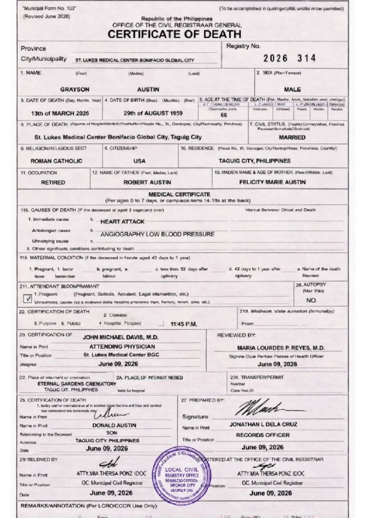 Certificate of Death - St. Luke's Medical Center (2026) - Studocu