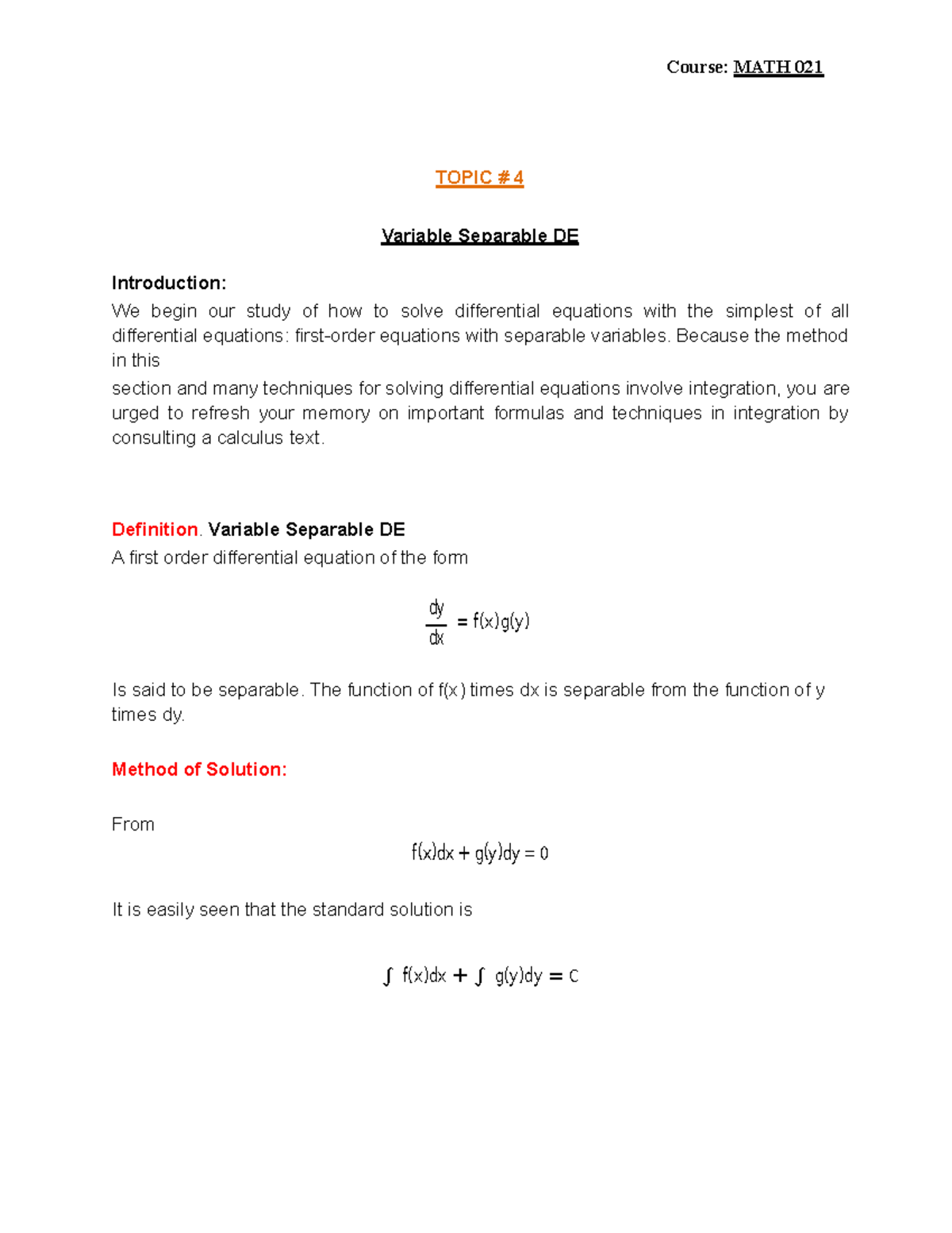 Lesson 4 Variable Separable DE - Differential Equations - TIP - Studocu