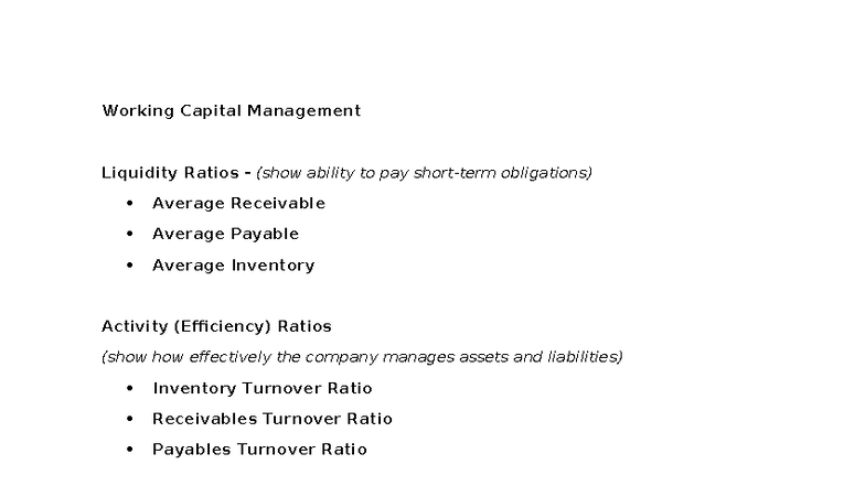 Working Capital Management: Liquidity & Activity Ratios Analysis - Studocu