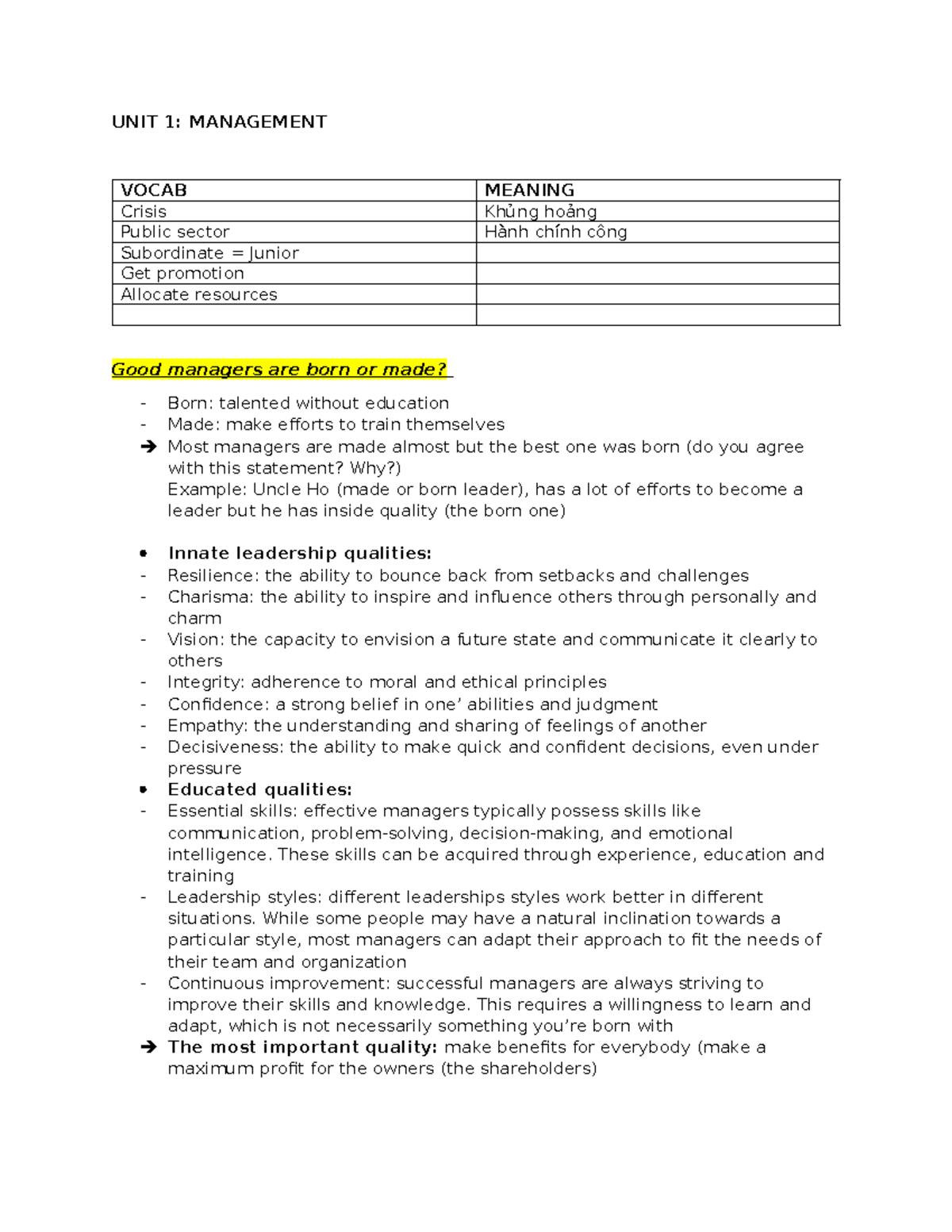 UNIT 1 - uuu - UNIT 1: MANAGEMENT VOCAB MEANING Crisis Khủng hoảng ...