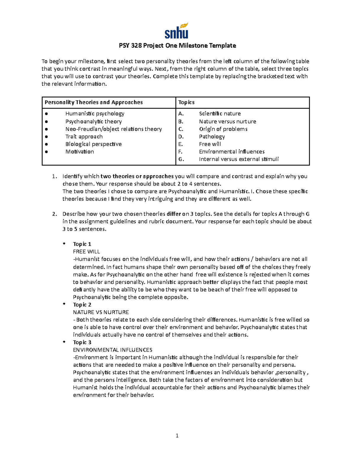 PSY 328 Project One Milestone Template 2 - PSY 328 Project One ...