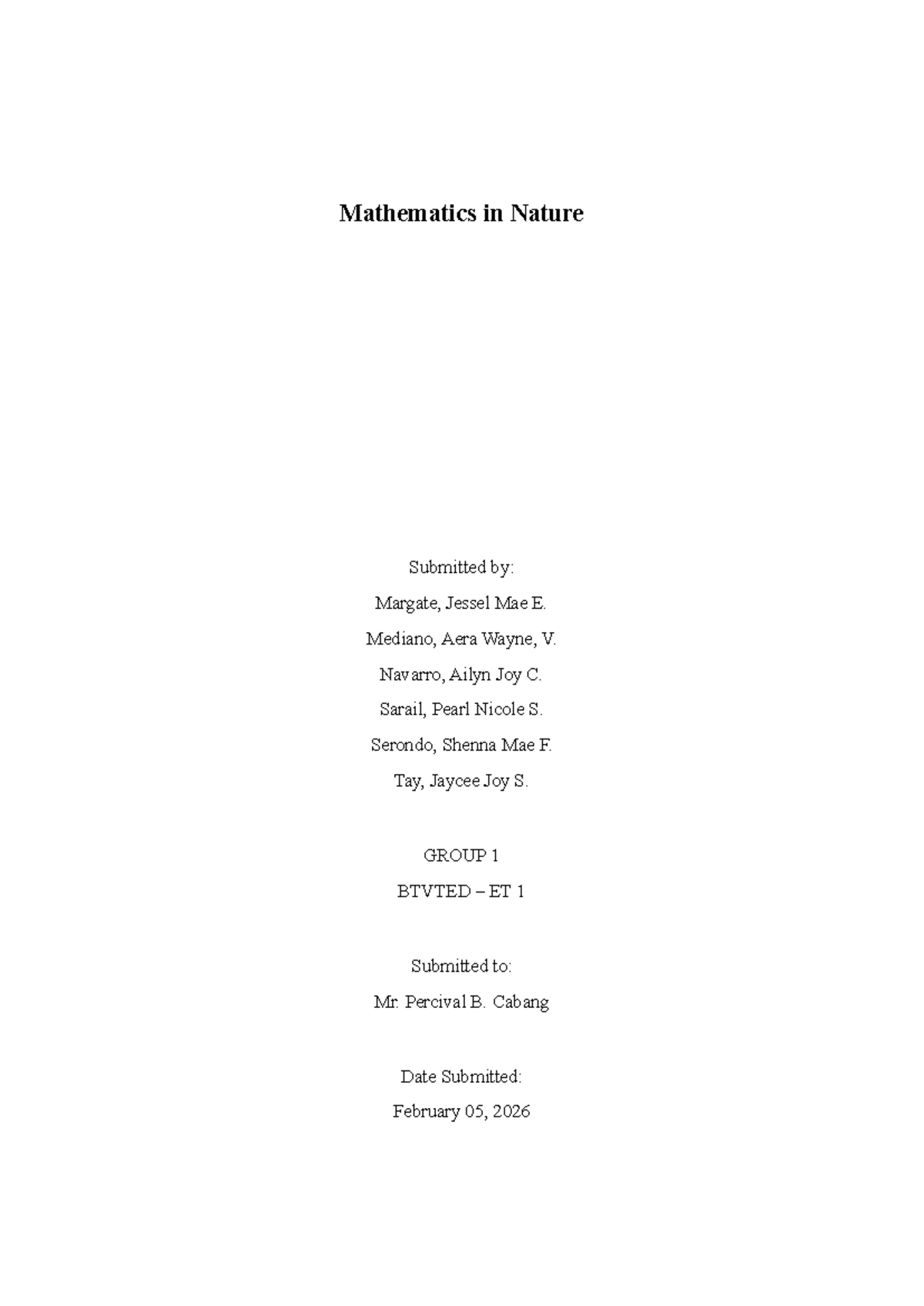 Mathematics in Nature: Group 1 BTVTED ET 1 Study Notes - Studocu