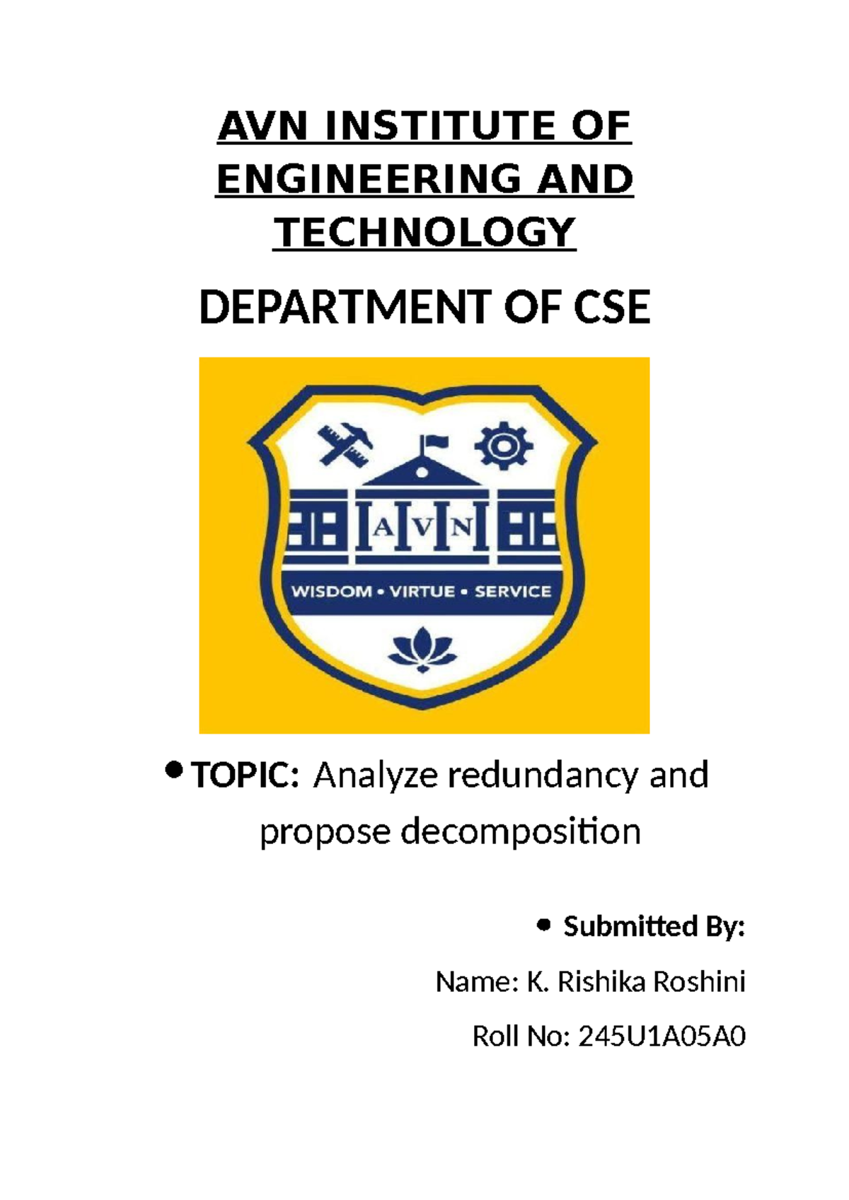 Case Study on Redundancy and Decomposition in DBMS (CSE) - Studocu