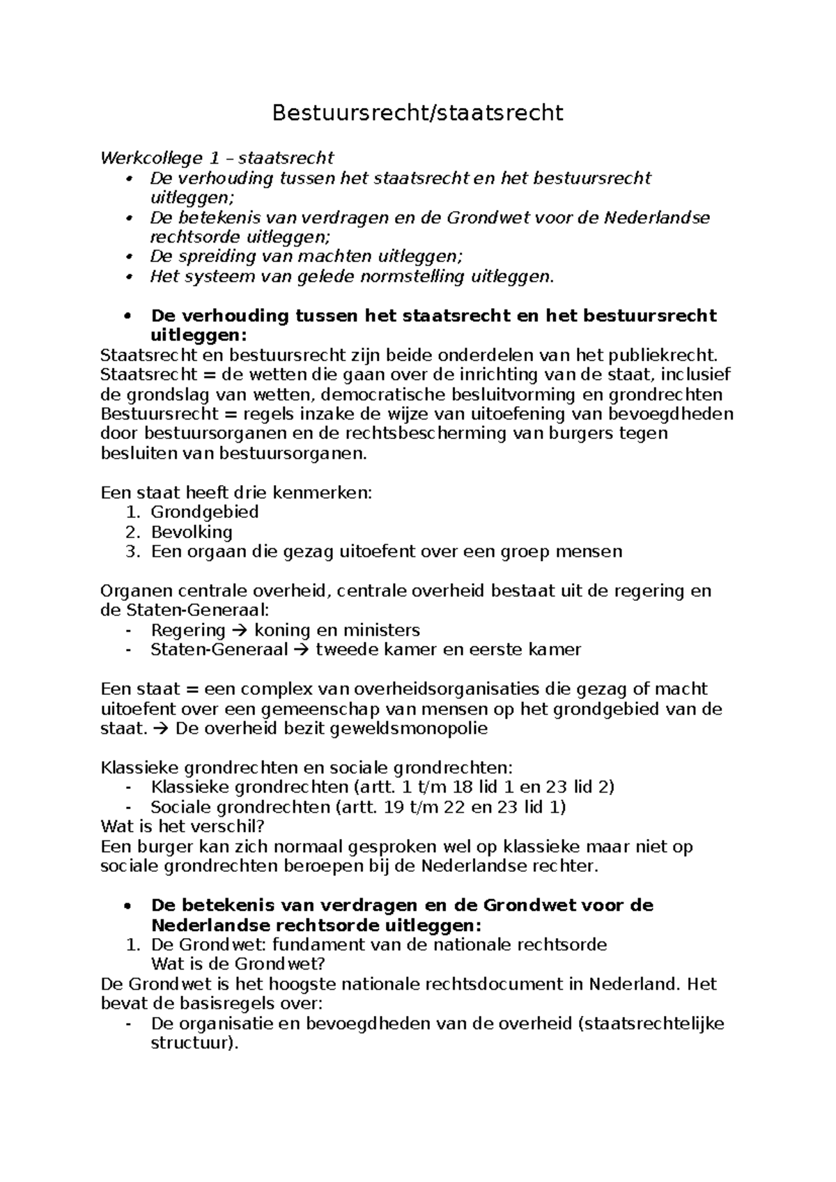 Werkcollege 1 Bestuursrecht: Staatsrecht, Verdragen en Machten in NL ...