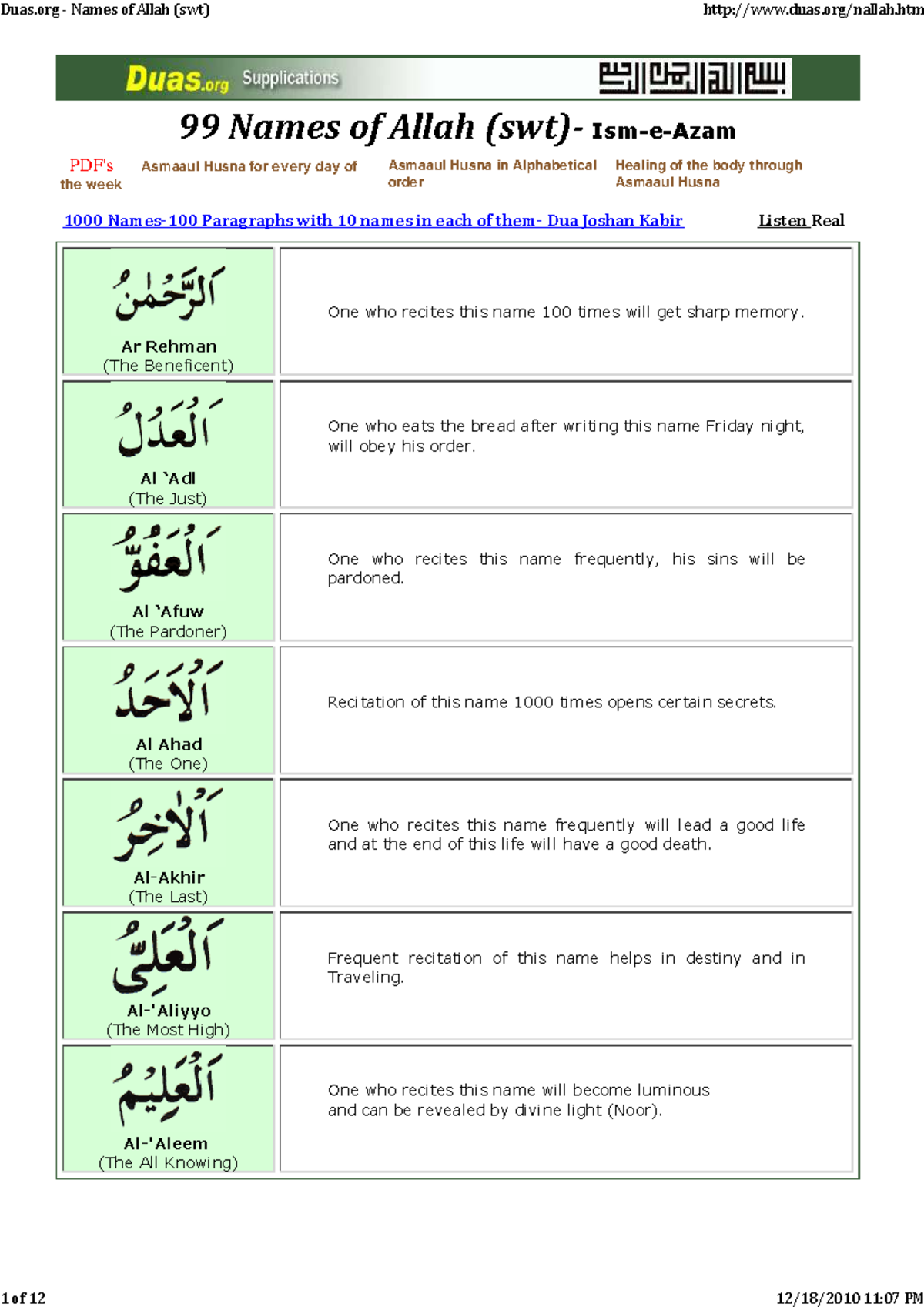 Duas.org: Complete Guide to the 99 Names of Allah (swt) - Studocu