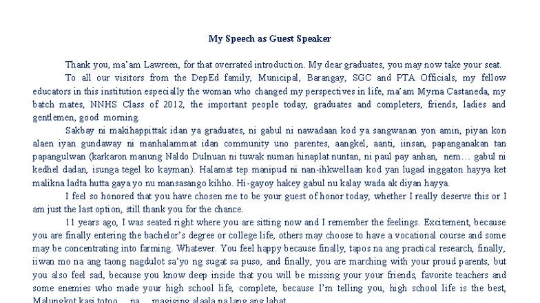 Guest Speaker Speech for Graduates: Insights and Advice - Studocu