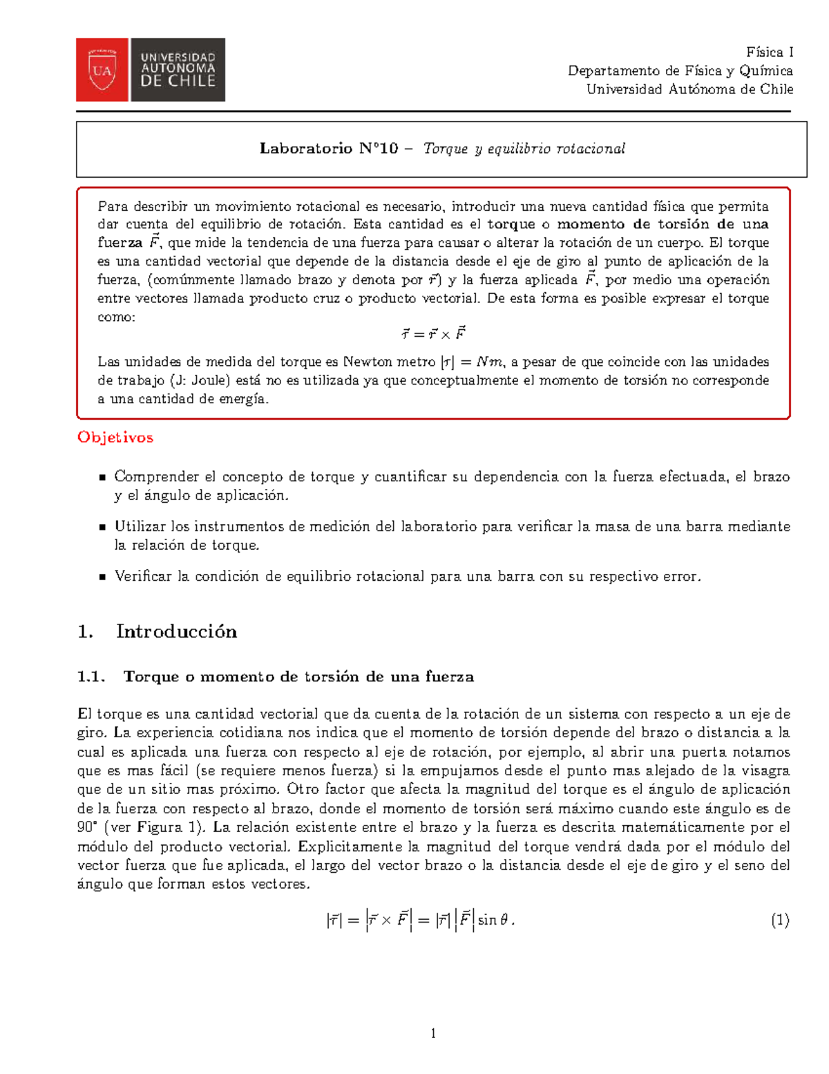 Laboratorio 10: Torque y Equilibrio Rotacional - FI Universidad de ...