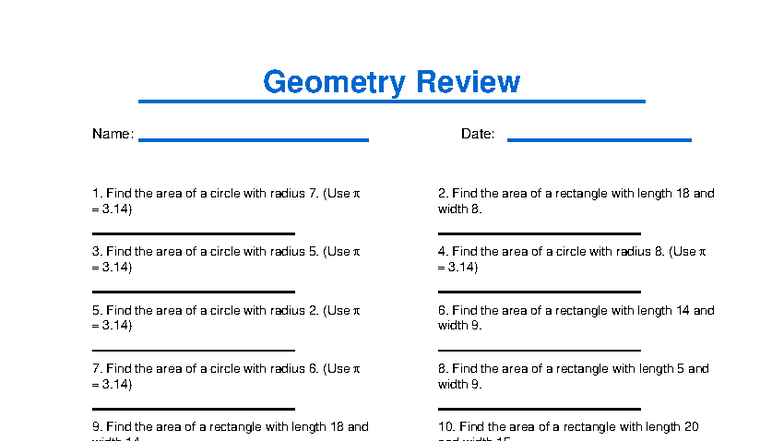 Geometry Review 6 - Area Calculations and Solutions - Studocu