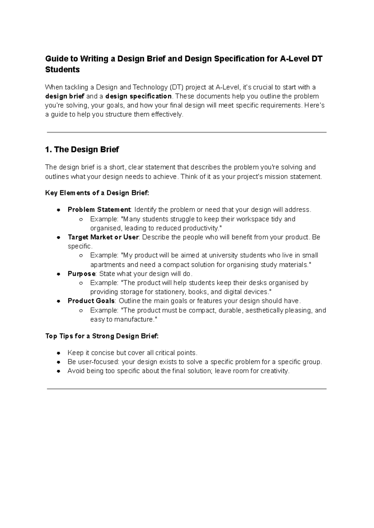 A-Level DT: Writing a Design Brief & Specification Guide - Studocu