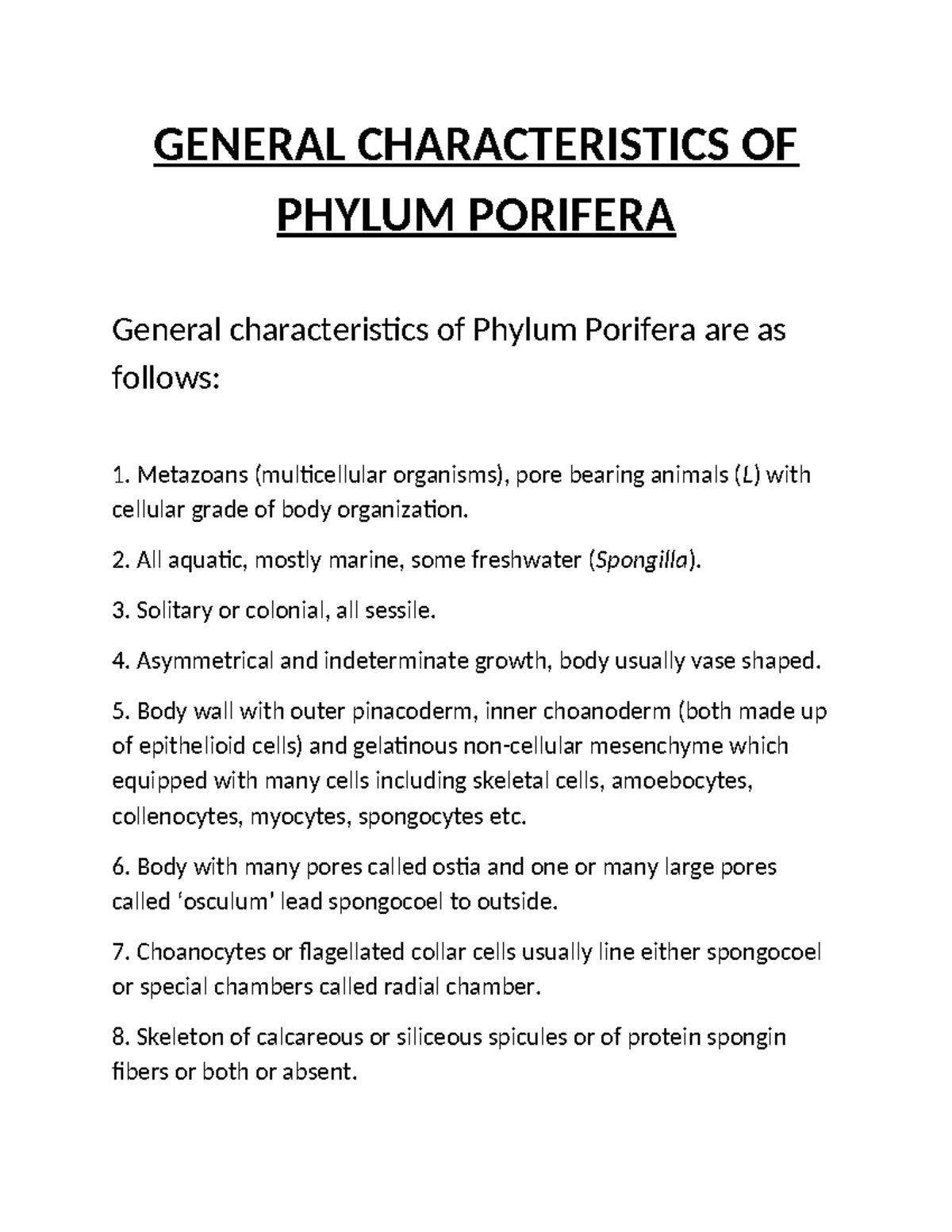 General Characteristics of Phylum Porifera (Biology 101) - Studocu