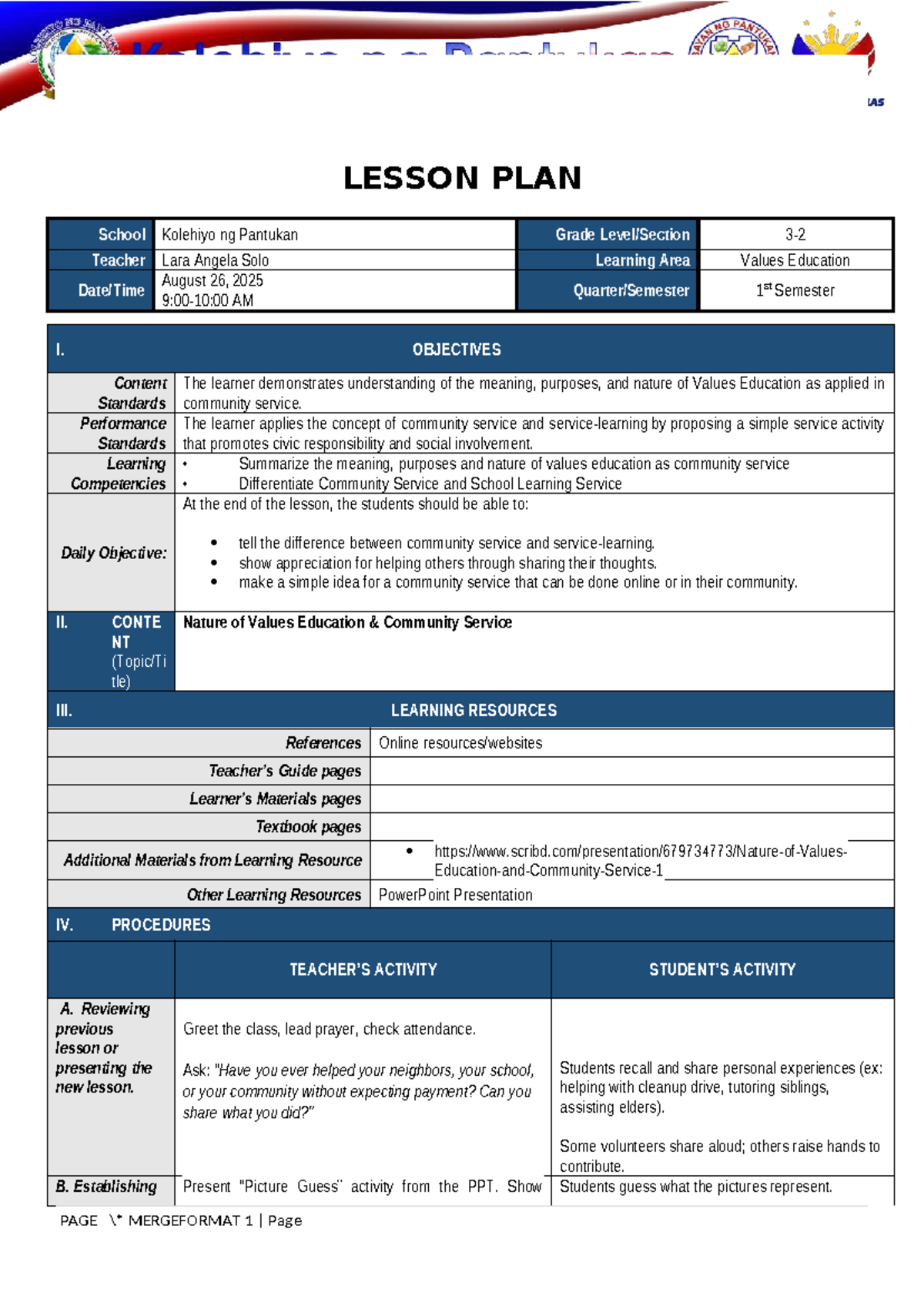 LESSON PLAN BSED VE: Understanding Values Education & Community Service ...