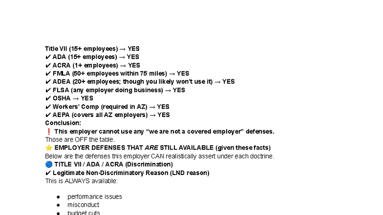Title VII, ADA, ACRA, FMLA, FLSA, OSHA Defenses Overview - Studocu
