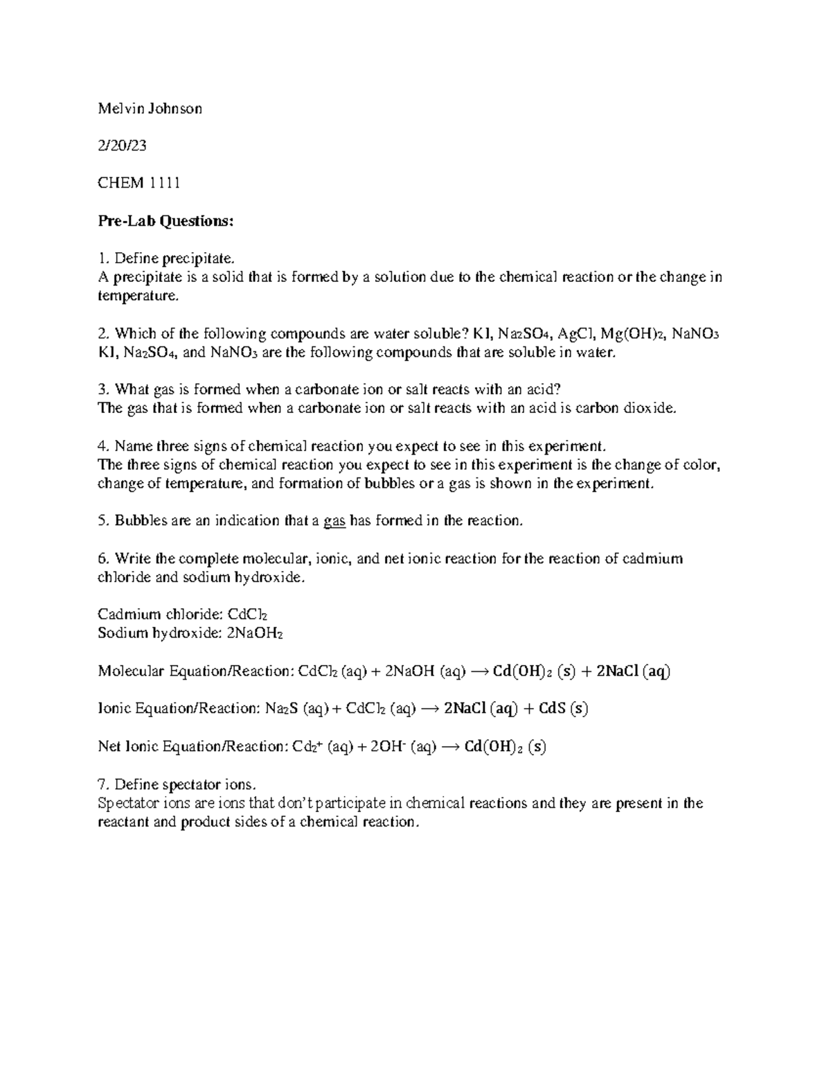 Pre-Lab Questions Experiment 5 Double Displacement Reactions by Melvin ...