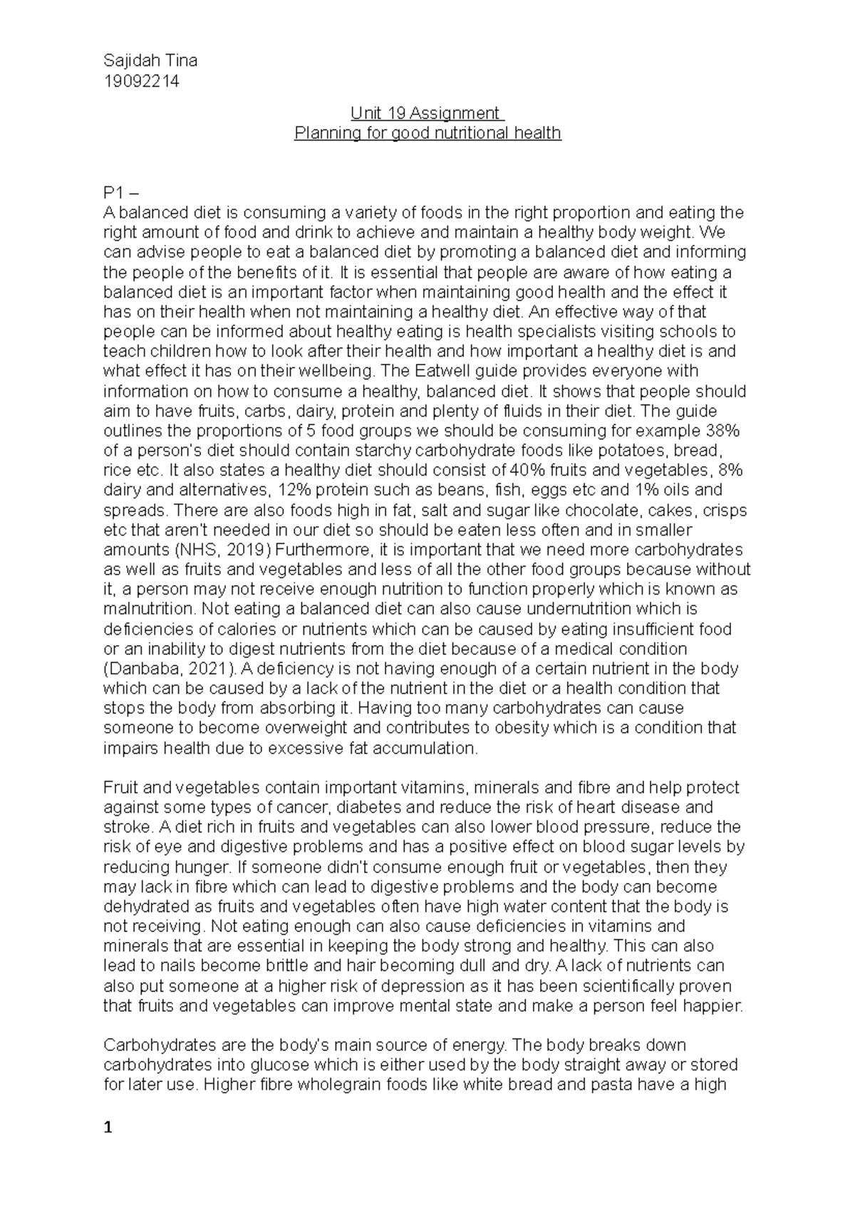 Unit 19 Assignment Task 1: Planning for Good Nutritional Health - Studocu