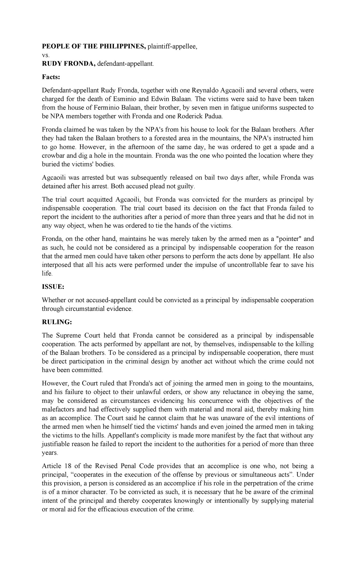 Case Digest: PEOPLE OF THE PHILIPPINES vs. RUDY FRONDA - Finals - Studocu