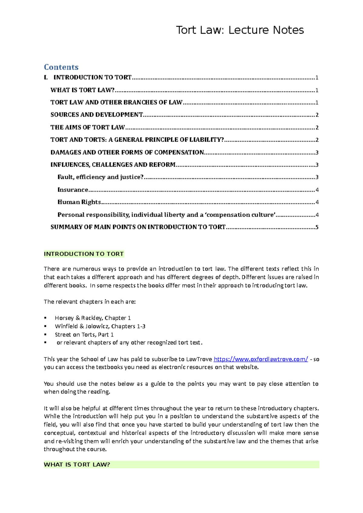 Tort Law Notebook - Contents I. INTRODUCTION TO - Studocu