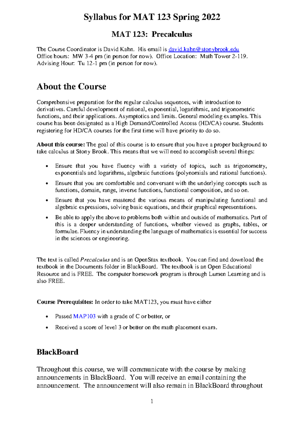 MAT 123 Syllabus Spring 2022 - Syllabus for MAT 123 Spring 2022 MAT 123 ...