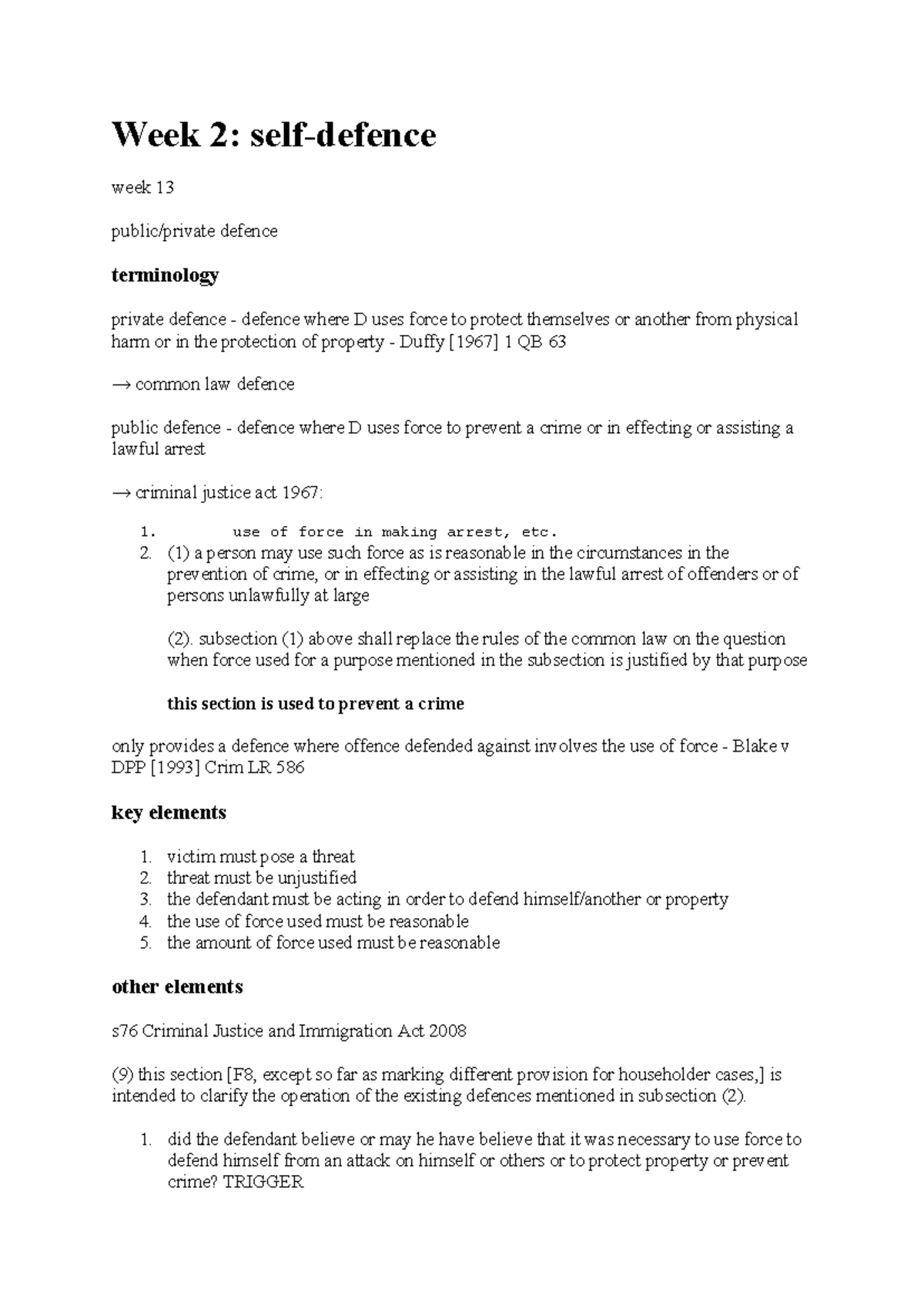 Term 2 Week 2 - Self-Defence in Legal Contexts and Key Cases - Studocu
