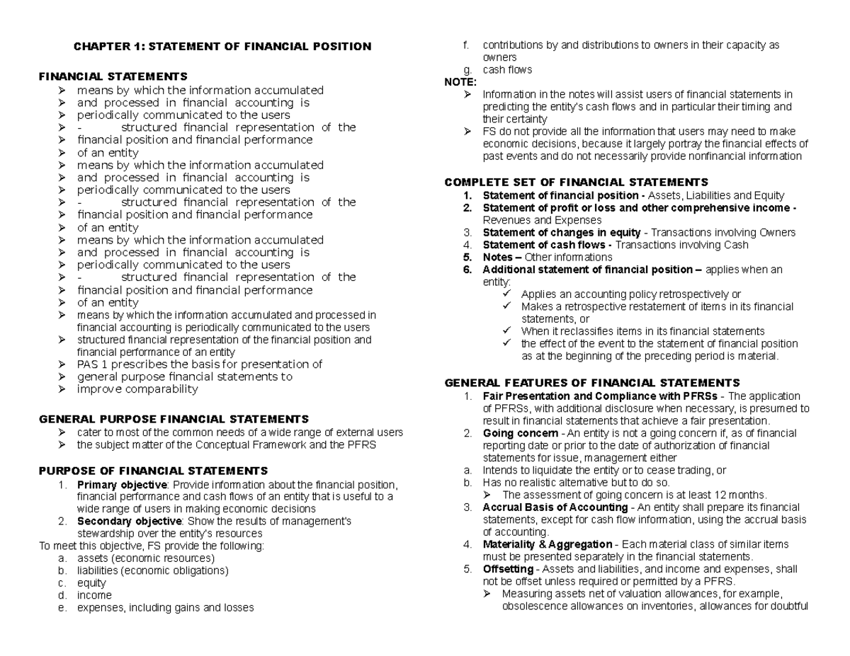 ACC 109 P1 Notes - CHAPTER 1: STATEMENT OF FINANCIAL POSITION FINANCIAL ...