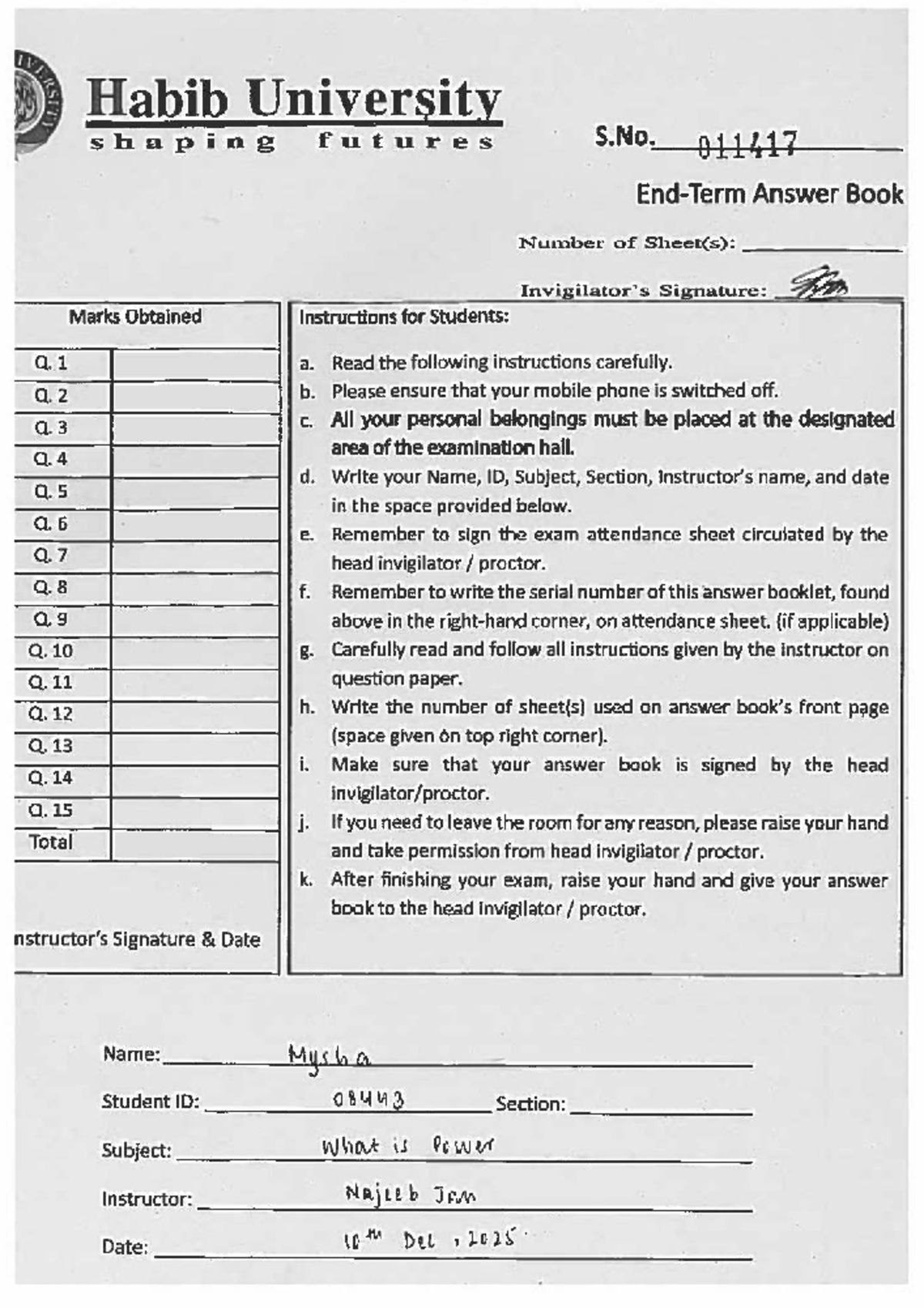 Habib University 08443 Essay Instructions & Answer Sheet - Studocu