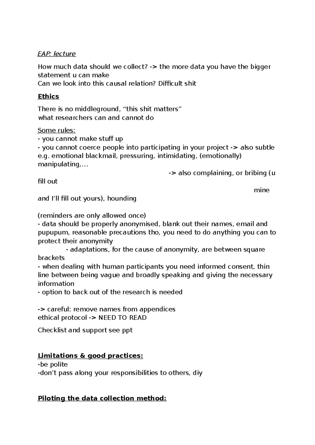 EAP: Lecture Notes on Data Collection Ethics and Practices - Studocu
