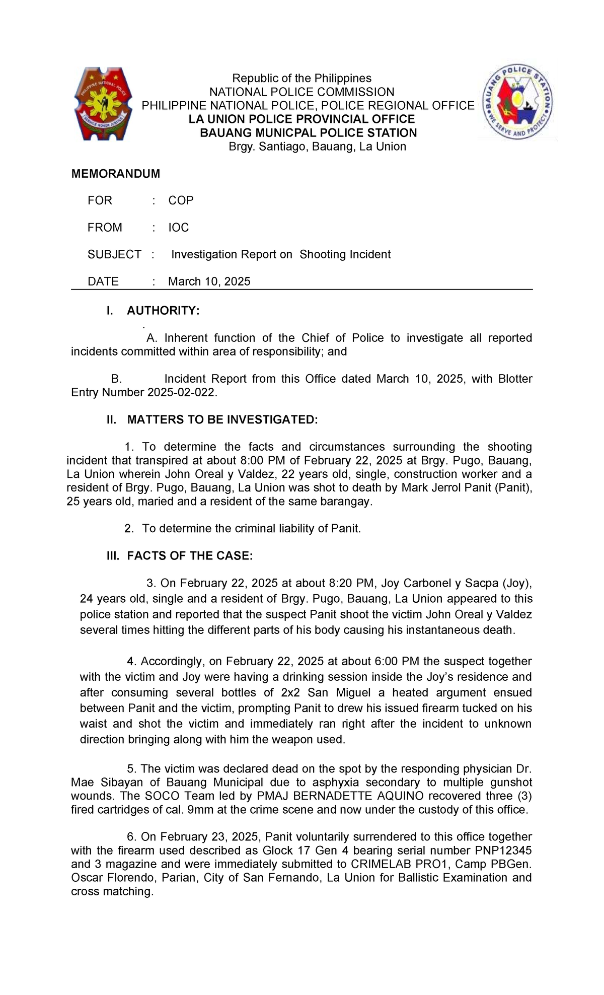 Investigation Report on Shooting Incident - La Union PNP Case - Studocu