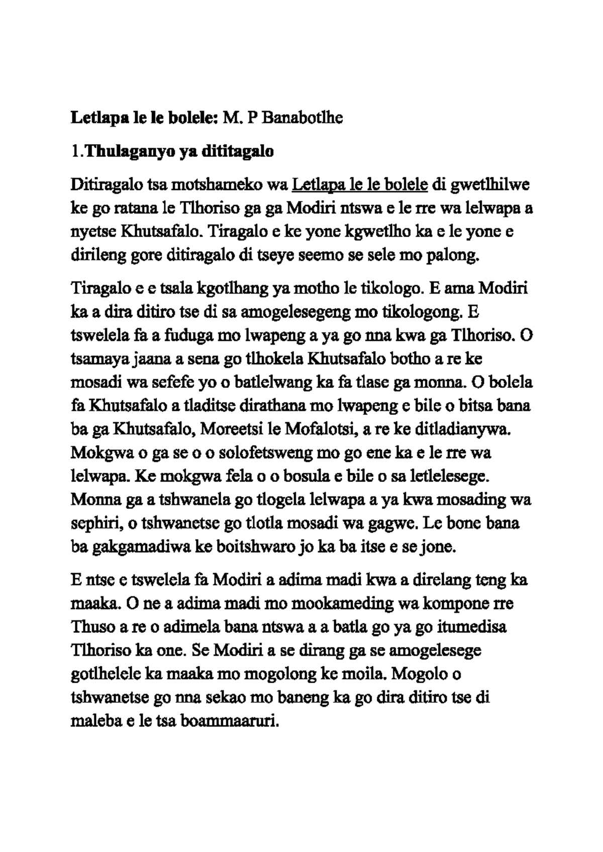 Letlapa le le bolele: Tiragalo ya Modiri le Khutsafalo - Studocu