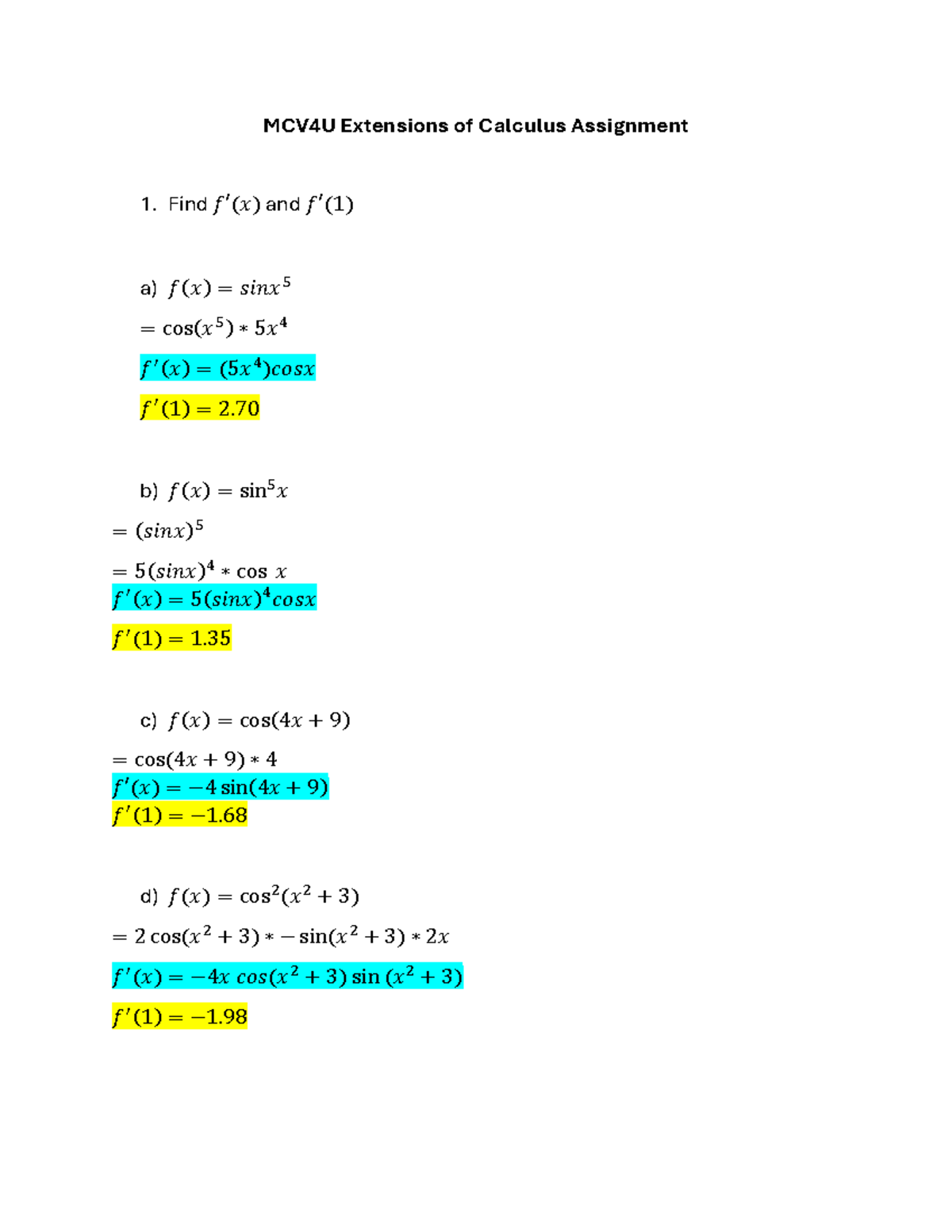 MCV4U Calculus Assignment: Extensions and Applications in Derivatives ...