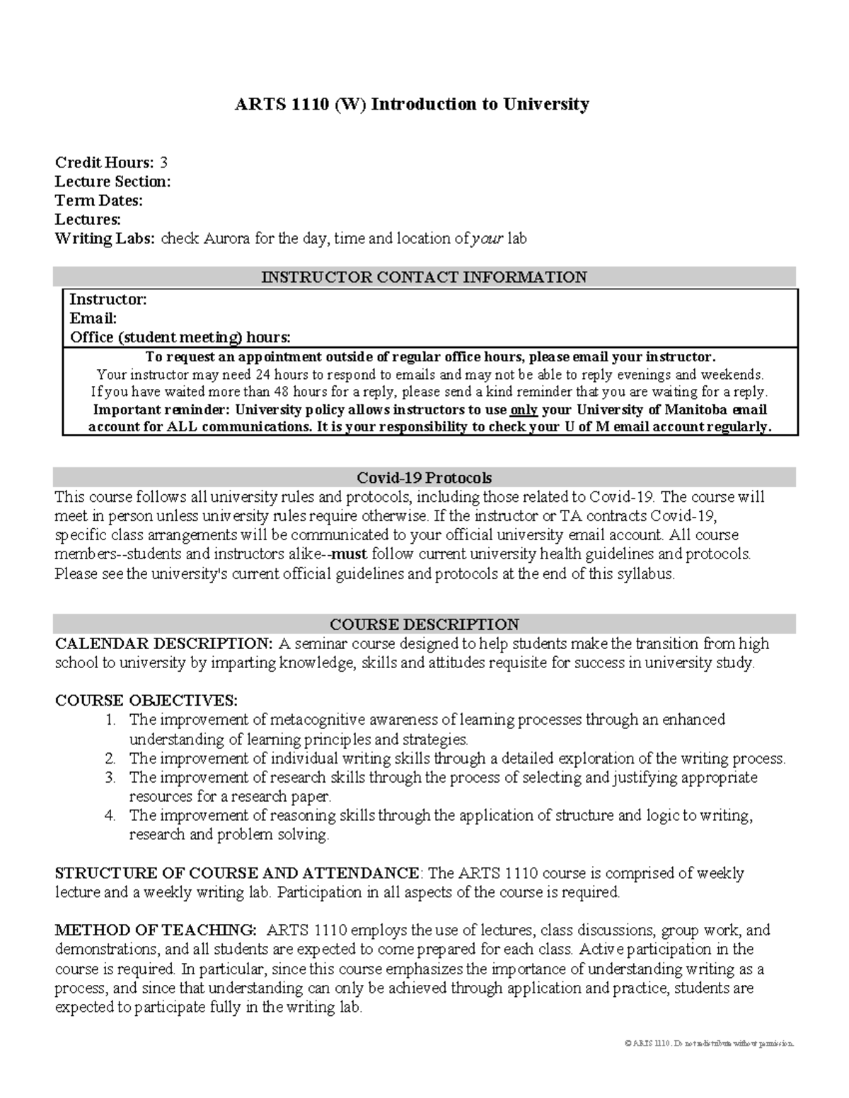 Arts 1110 syllabus: Introduction to university and course details - Studocu