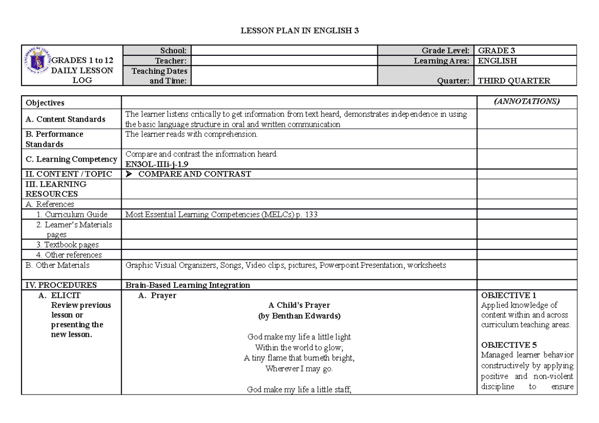 English 3 3RD Quarter COT - LESSON PLAN IN ENGLISH 3 GRADES 1 to 12 DAILY LESSON LOG School ...