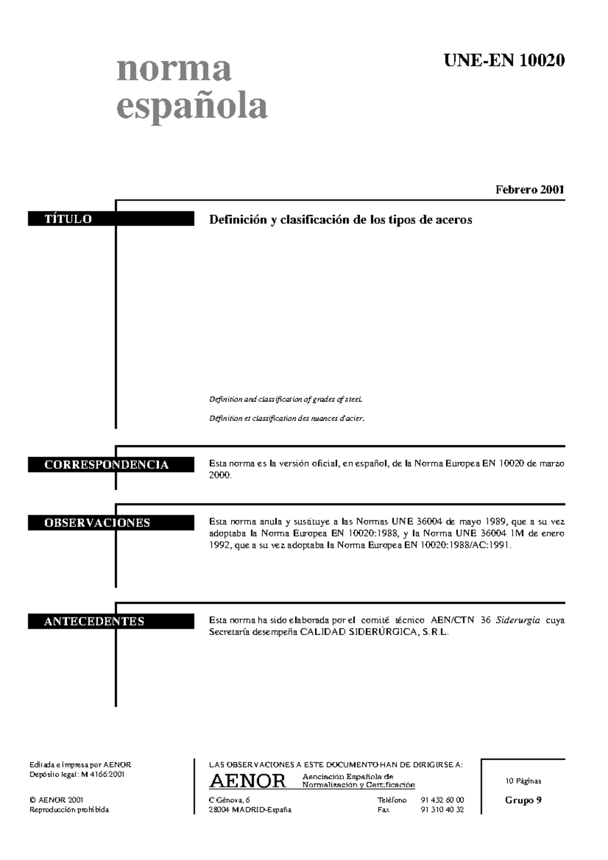 UNE EN 10020 - Clasificación y Definición de Aceros (Febrero 2001 ...